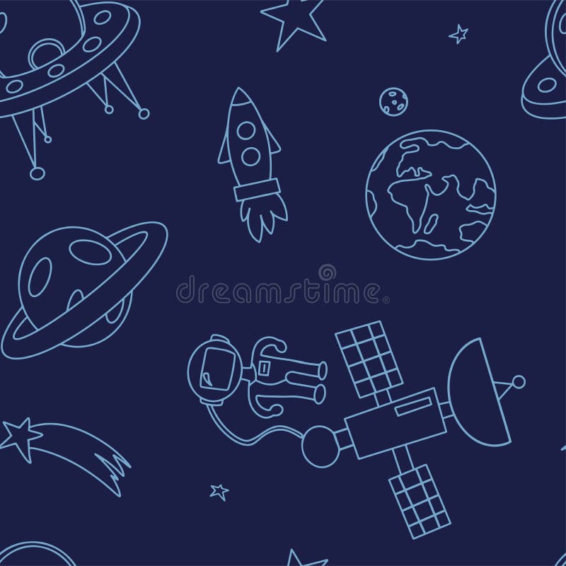 Space Seamless Pattern. Hand Draw Space Illustration with a Rocket ...
