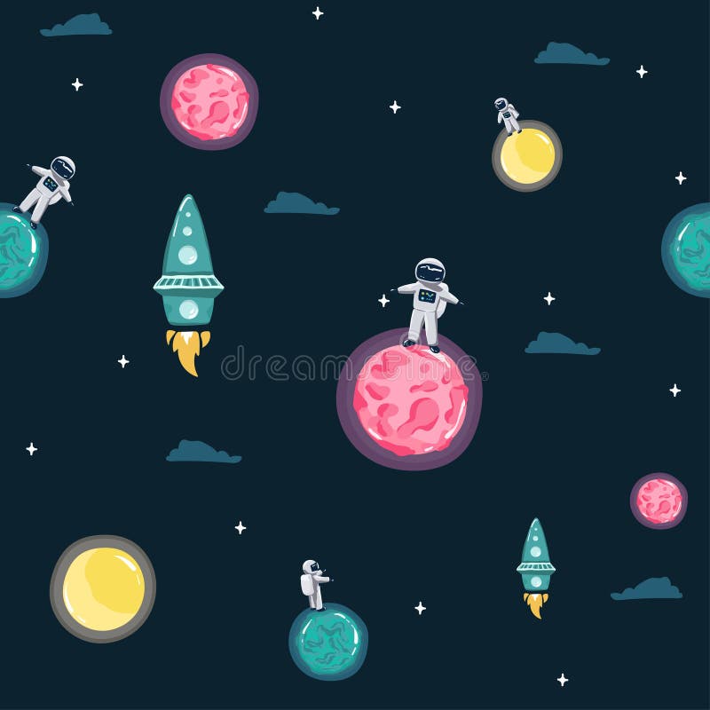 Space Seamless Pattern with Planets and Stars. Doodle Cartoon Cute ...