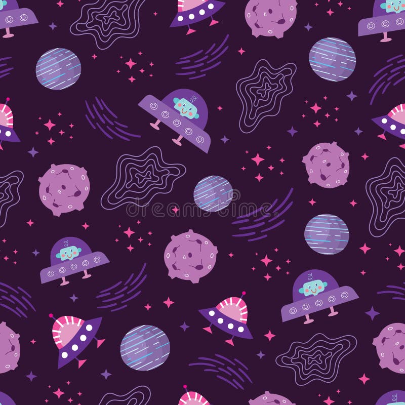 Space Seamless Vector Pattern. Space Planets Stars Spaceship Aliens in ...
