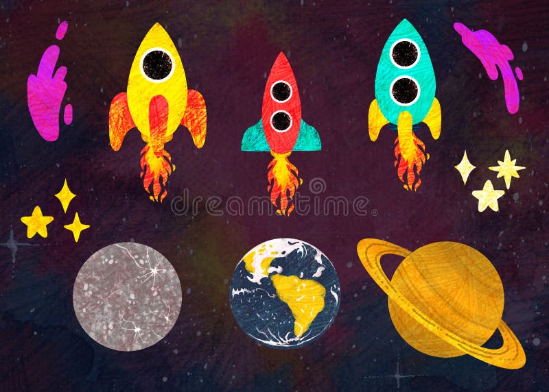 Space Set With Rockets Planets And Stars Stock Illustration