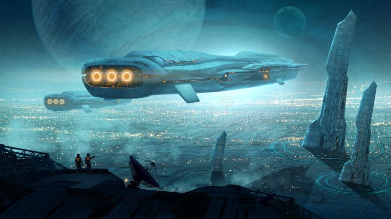 Space Ship Floating Over an Alien Landscape Stock Illustration ...