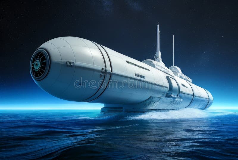 Space Ship Floating on the Surface of the Ocean. 3D Rendering Stock ...