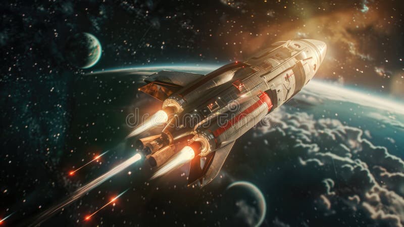 A Space Ship Flying through the Air with a Distant Planet in the ...