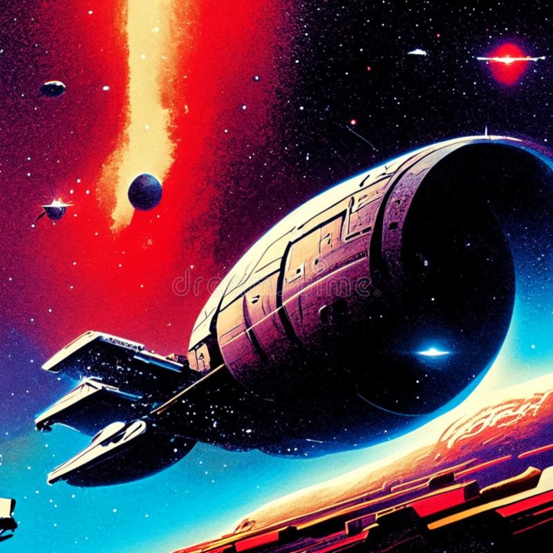 Space Ship Flying in Outer Space, Art Illustration, Image Contains ...