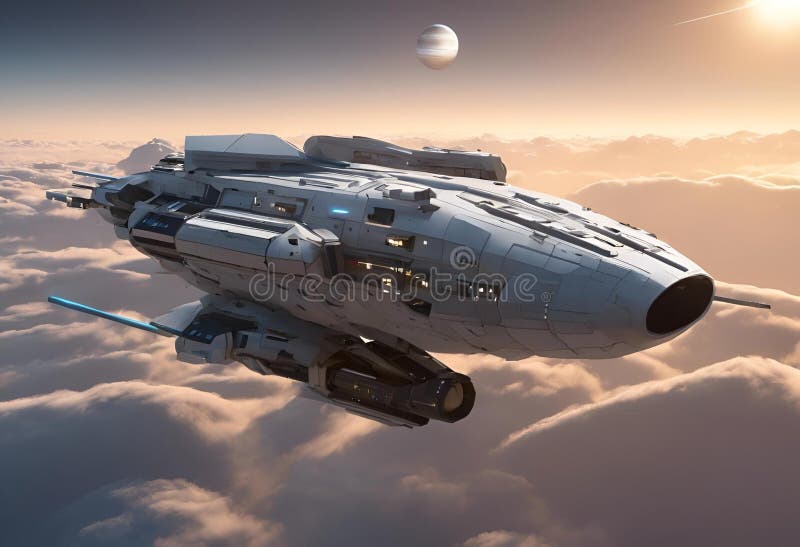 A Space Ship Flying Over the Clouds at Sunset with an Earth Sphere in ...