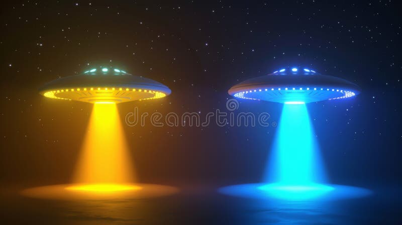 Space Ship with Light Beam of Blue and Yellow Color. Saucers with ...