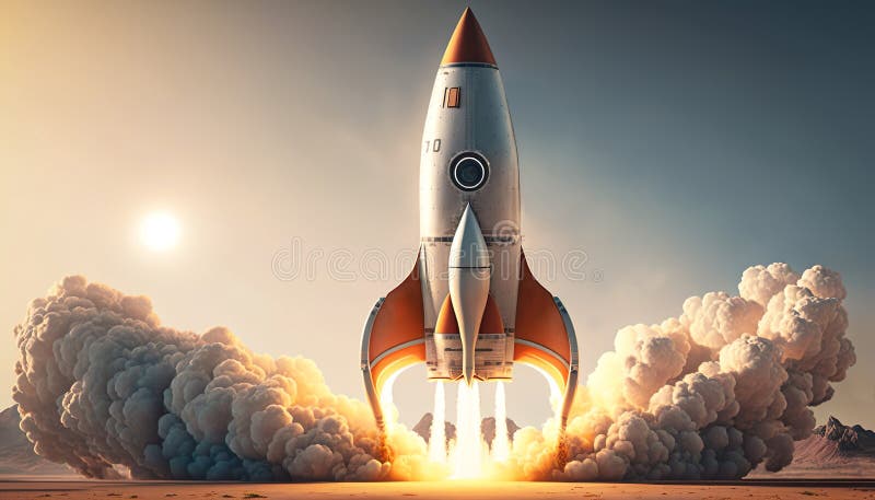 Space Ship Rocket Taking Off in Desert Landscape Surface - Generative ...