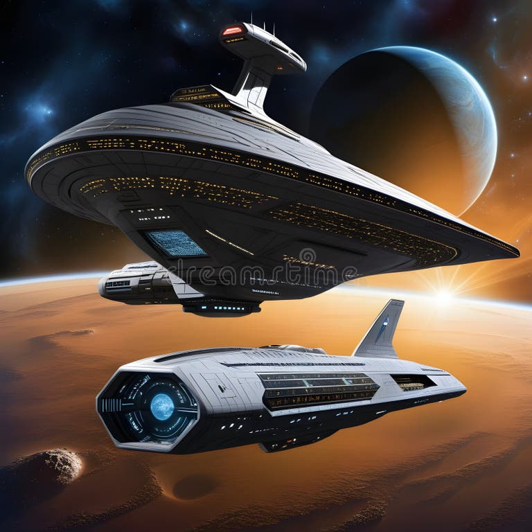 A Space Ship and Spaceship in Front of Planet, As Seen from Orbit Stock ...