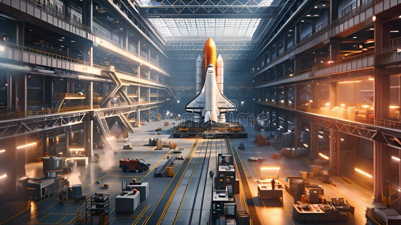 Space Shuttle in Assembly at High-Tech Facility with Industrial ...
