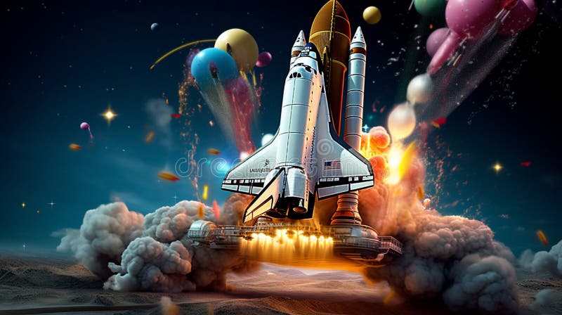 A Space Shuttle with Blast Off into Birthday Fun Stock Illustration ...