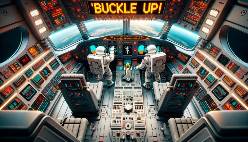 Space Shuttle Cockpit with Astronauts Adjusting Their Gear. As they ...