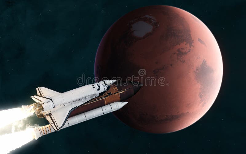 Space Shuttle Flies in Front of Mars. Solar System. 3D Render Stock ...
