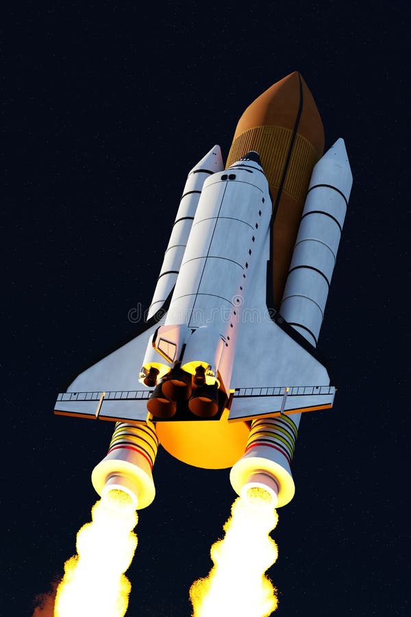 Space Shuttle Flying in Dark Blue Sky with Stars. Launch of Spaceship ...