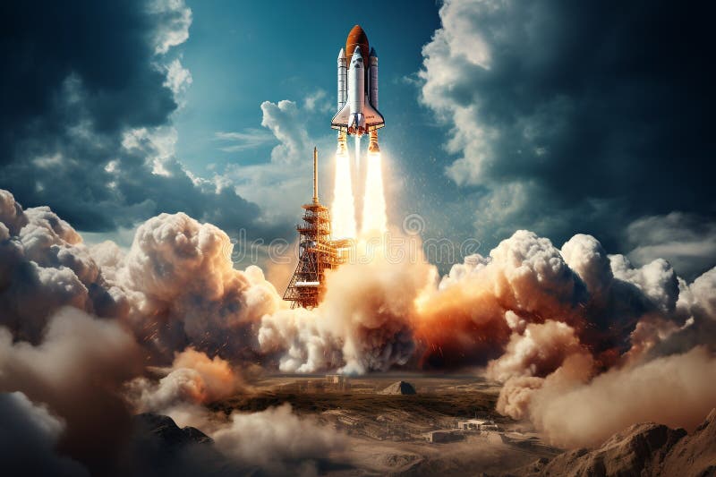 Rocket flying over cloud. stock illustration. Illustration of blast ...