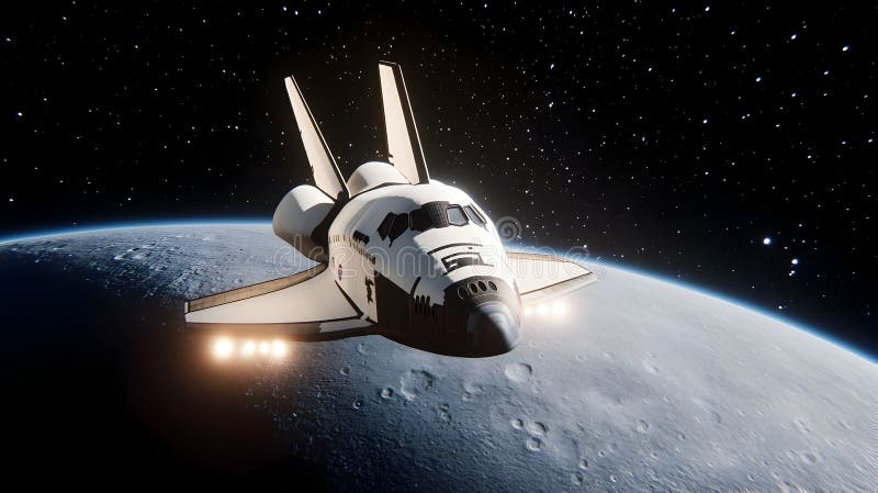 Space Shuttle Orbiting a Moon with Starry Background Depicting the ...