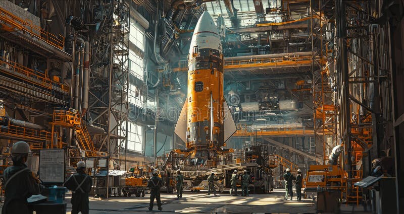 Space Shuttle in Large Industrial Hangar with Engineers and Technicians ...