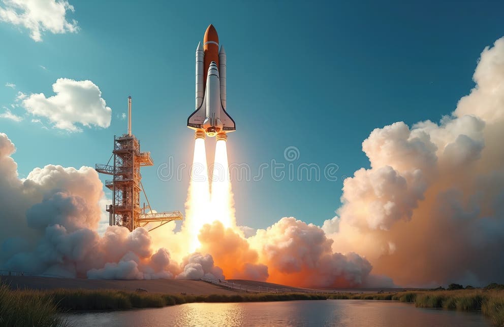 Space Shuttle Launch from Earth. Rocket Engines Blast Fire during Take ...