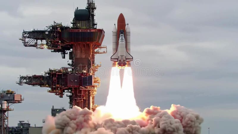 Space Shuttle Launch with Flames and Smoke at Launchpad on Cloudy Day ...