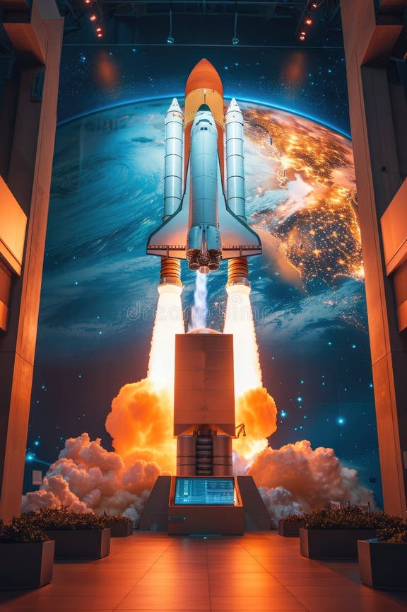Space Shuttle Launch in Modern Exhibition Hall with Earth in Background ...