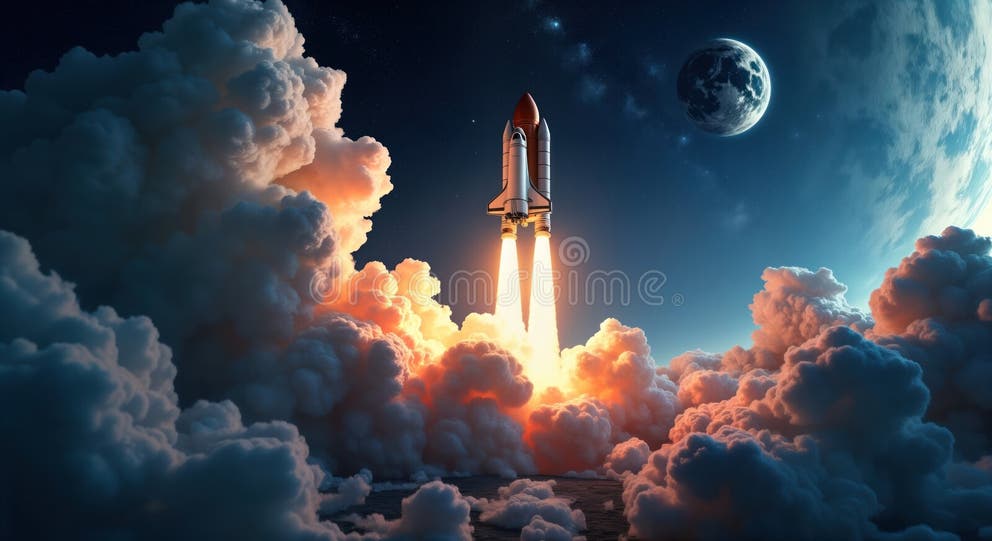 Space Shuttle Launch into Night Sky with Big Clouds of Smoke. Powerful ...