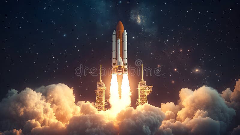 Space Shuttle Launch at Night with Vibrant Flames and Starry Sky ...