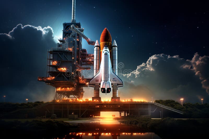 Space Shuttle on Launch Pad Illuminated at Twilight with Reflective ...