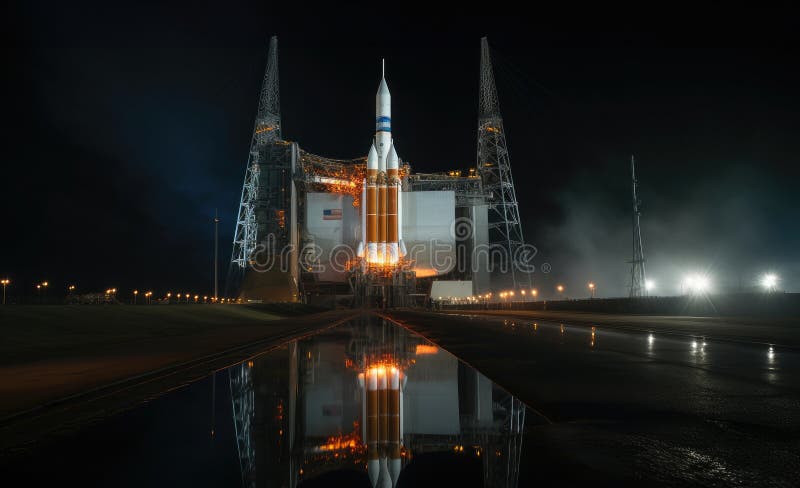 Space Shuttle at Launch Pad at Night Stock Illustration - Illustration ...