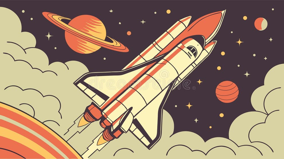 Space Shuttle Launch with Planets Retro SciFi Art, Vector Design Generative AI Stock Vector ...