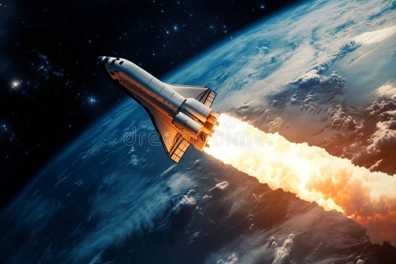 Space Shuttle Launch Rocket Ascending into Orbit Around Earth in Outer ...