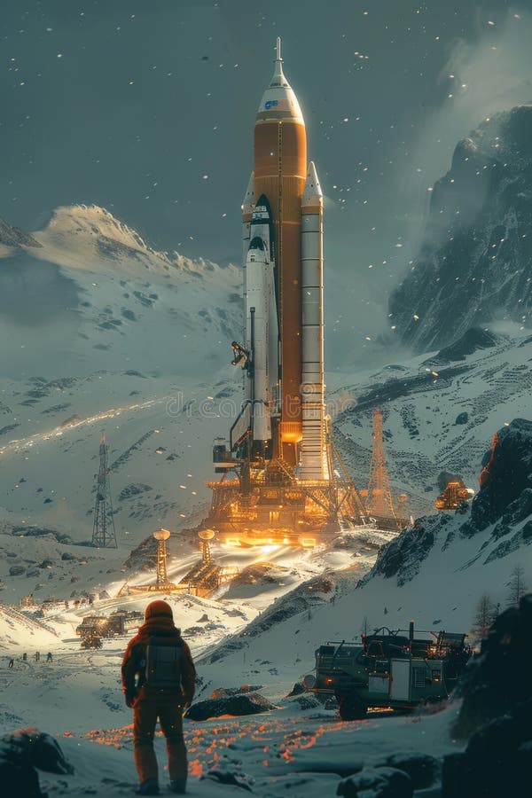 Space Shuttle Launch in Snowy Mountain Landscape at Night Stock Image ...