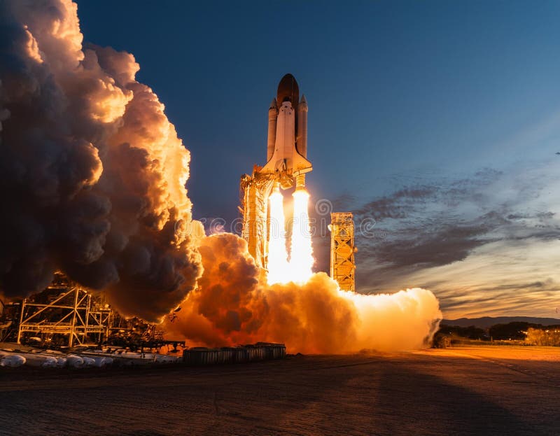 Space Shuttle Launch at Sunrise with Fiery Propulsion Stock ...