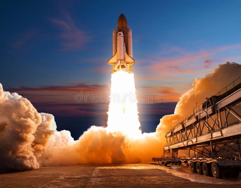 Space Shuttle Launch at Sunrise with Fiery Propulsion Stock ...