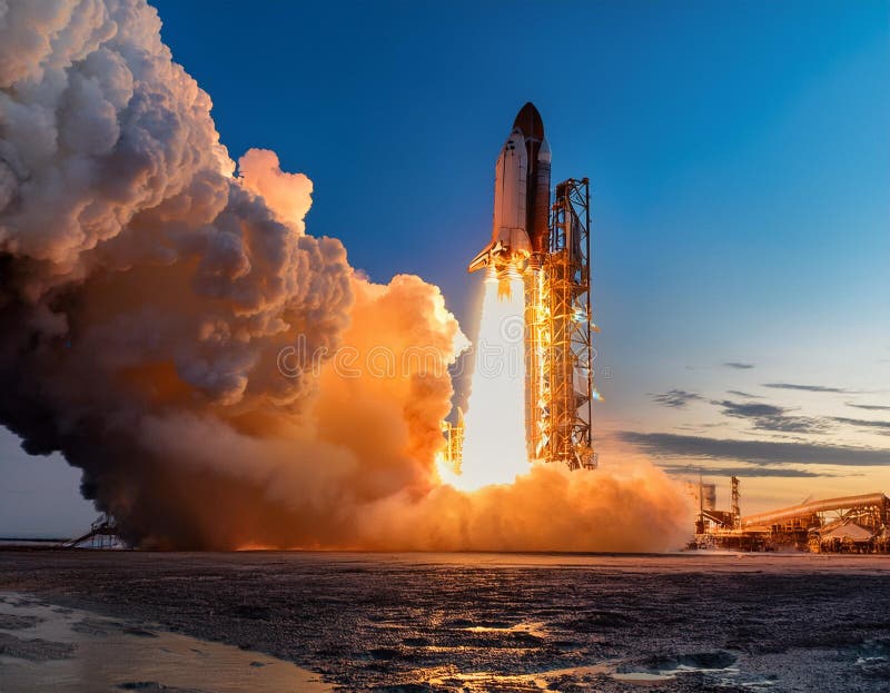 Space Shuttle Launch at Sunrise with Fiery Propulsion Stock ...