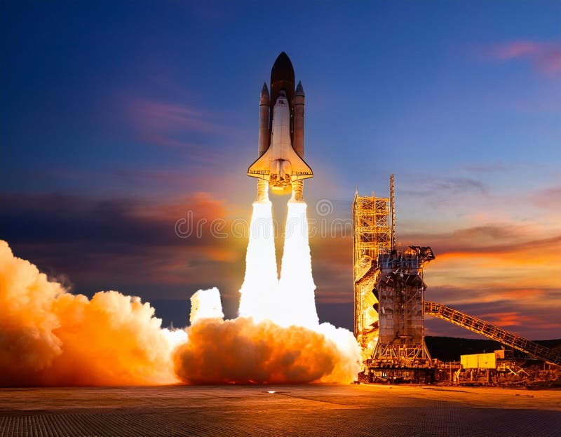 Space Shuttle Launch at Sunrise with Fiery Propulsion Stock ...