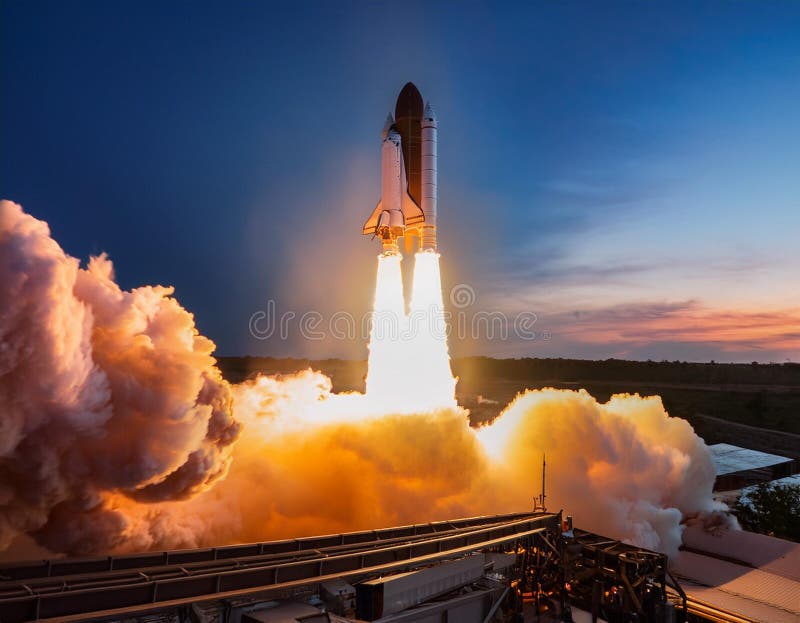 Space Shuttle Launch at Sunrise with Fiery Propulsion Stock ...