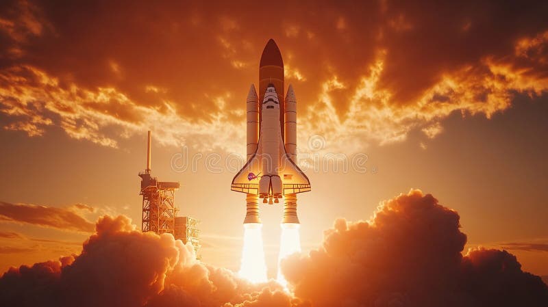 Space Shuttle Launch at Sunset with Dramatic Clouds Stock Illustration ...