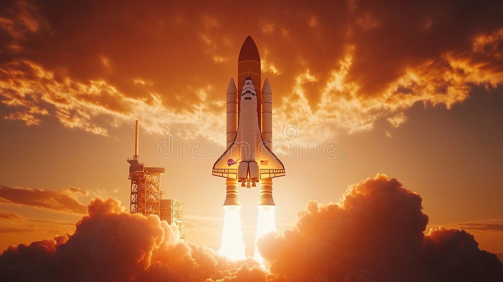 Space Shuttle Launch at Sunset with Dramatic Clouds Stock Illustration ...