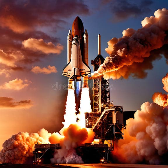 A Space Shuttle Launch at Sunset Stock Illustration - Illustration of ...