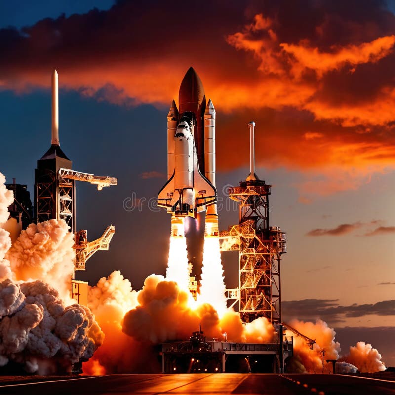 A Space Shuttle Launch at Sunset Stock Illustration - Illustration of ...