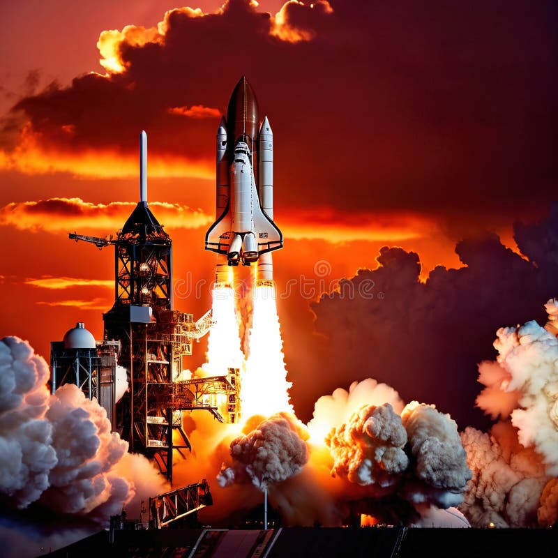 A Space Shuttle Launch at Sunset Stock Illustration - Illustration of ...