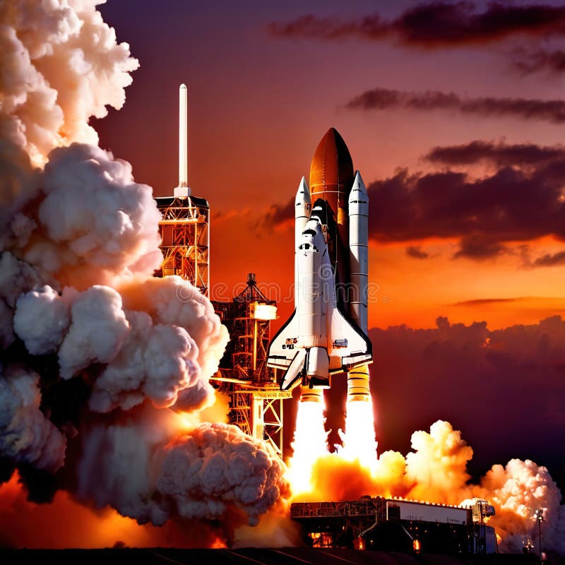 A Space Shuttle Launch at Sunset Stock Illustration - Illustration of ...