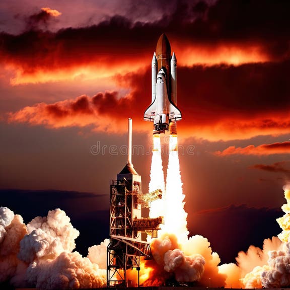A Space Shuttle Launch at Sunset Stock Illustration - Illustration of ...
