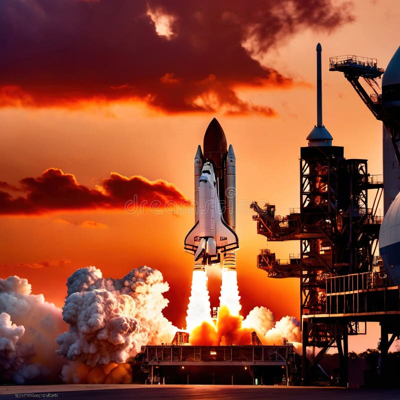 A Space Shuttle Launch at Sunset Stock Illustration - Illustration of ...