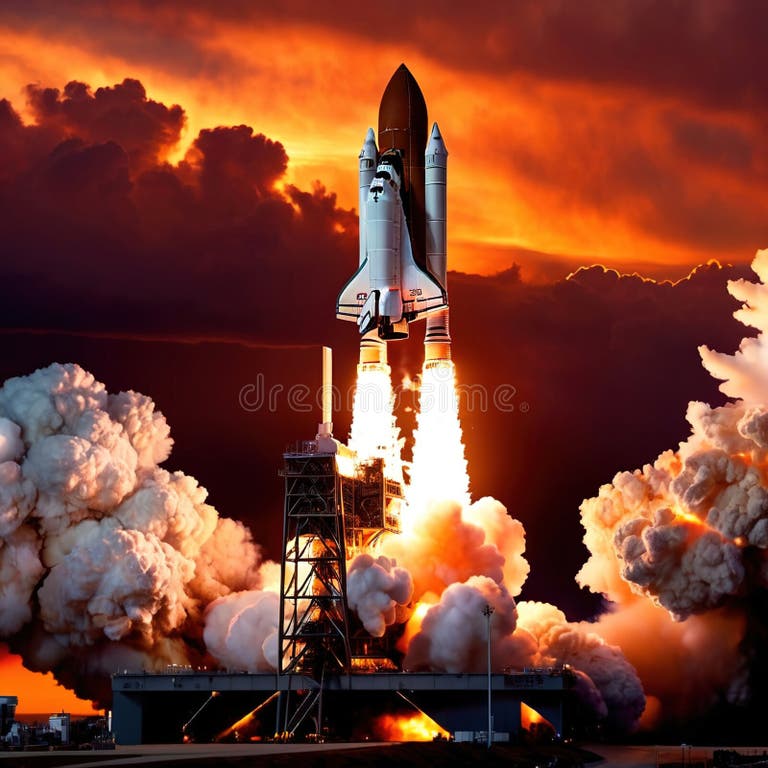 A Space Shuttle Launch at Sunset Stock Illustration - Illustration of ...