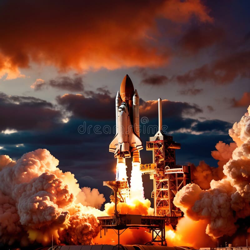A Space Shuttle Launch at Sunset Stock Illustration - Illustration of ...
