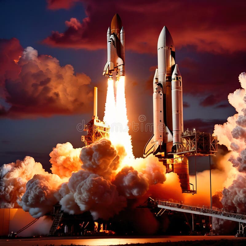 A Space Shuttle Launch at Sunset Stock Illustration - Illustration of ...
