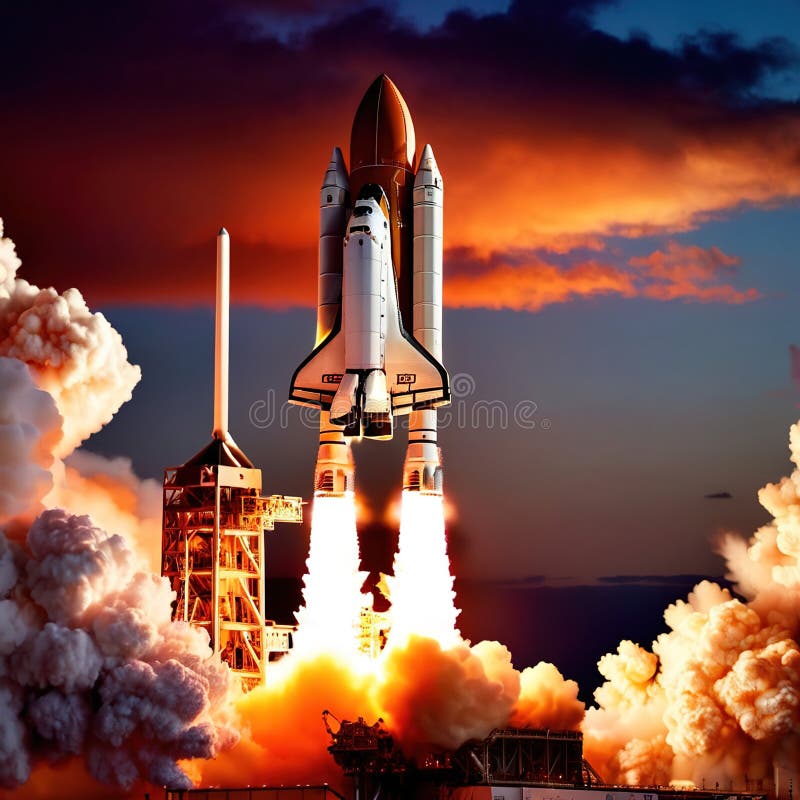 A Space Shuttle Launch at Sunset Stock Illustration - Illustration of ...