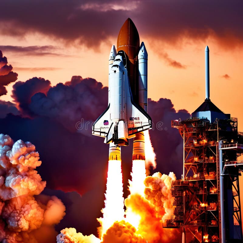 A Space Shuttle Launch at Sunset Stock Illustration - Illustration of ...