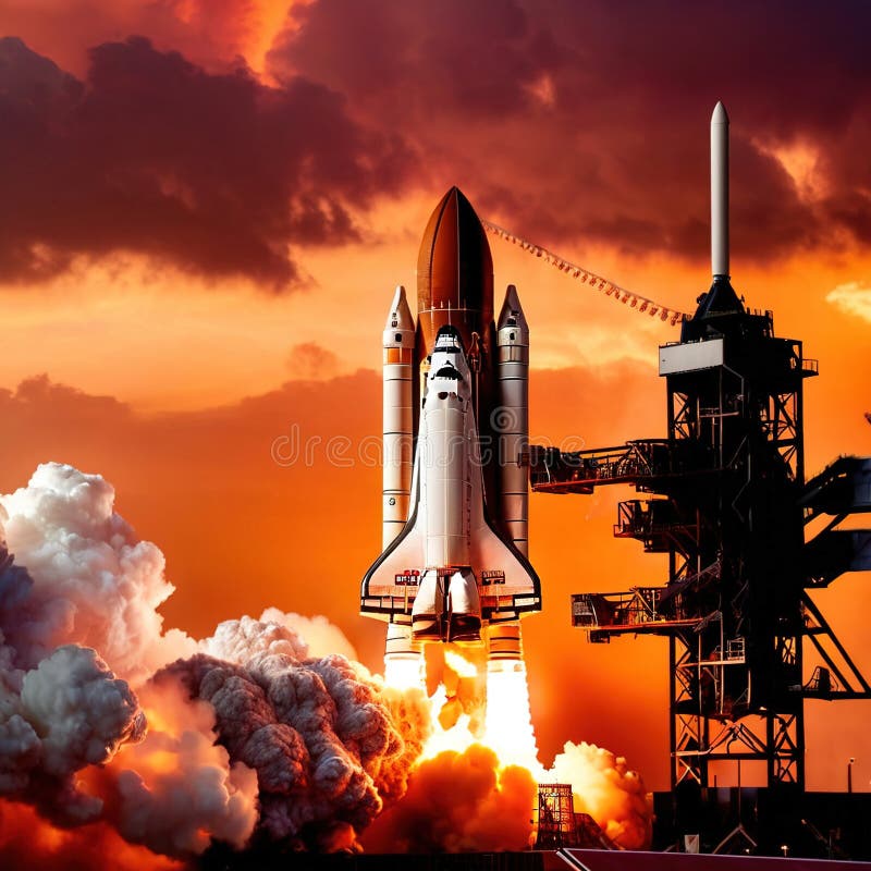 A Space Shuttle Launch at Sunset Stock Illustration - Illustration of ...