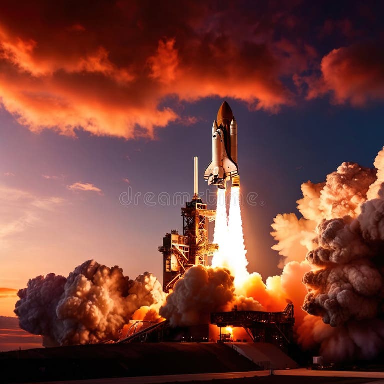 A Space Shuttle Launch at Sunset Stock Illustration - Illustration of ...